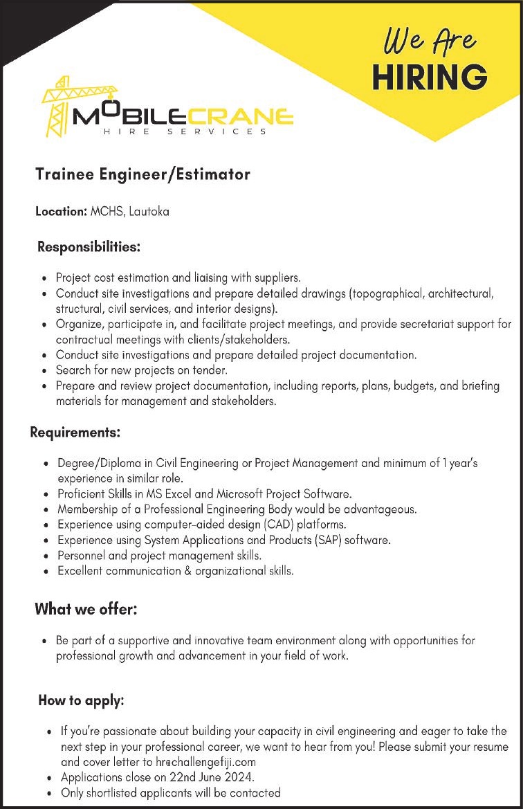 Trainee Engineer/ Estimator - Mobile Crane Services- Lautoka - SPTOJobsLink