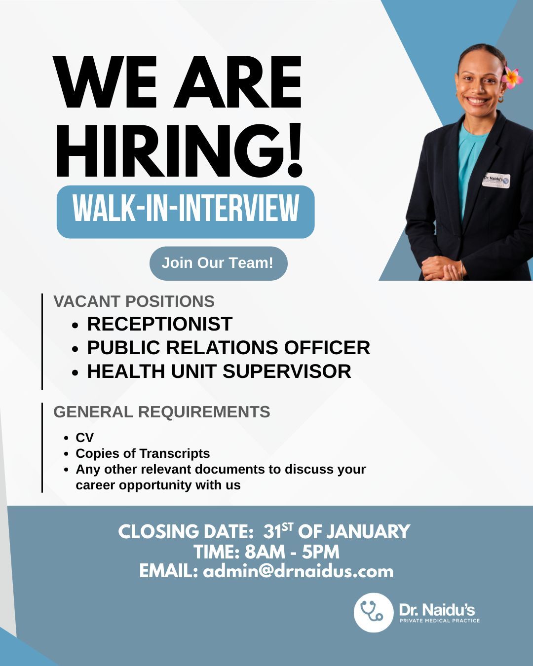 Receptionist • Public Relations Officer • Health Unit Supervisor ...